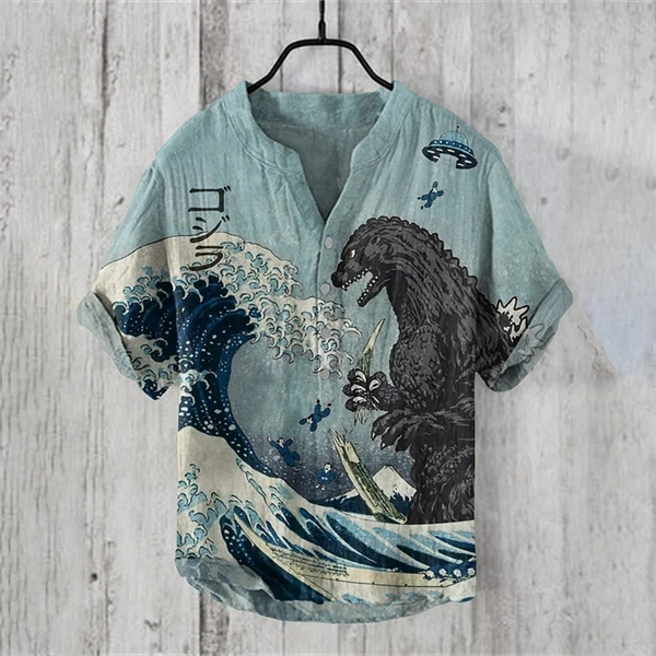 The Great Waves & Godzilla Japanese Art Print Henry Collar Shirt – Best ...