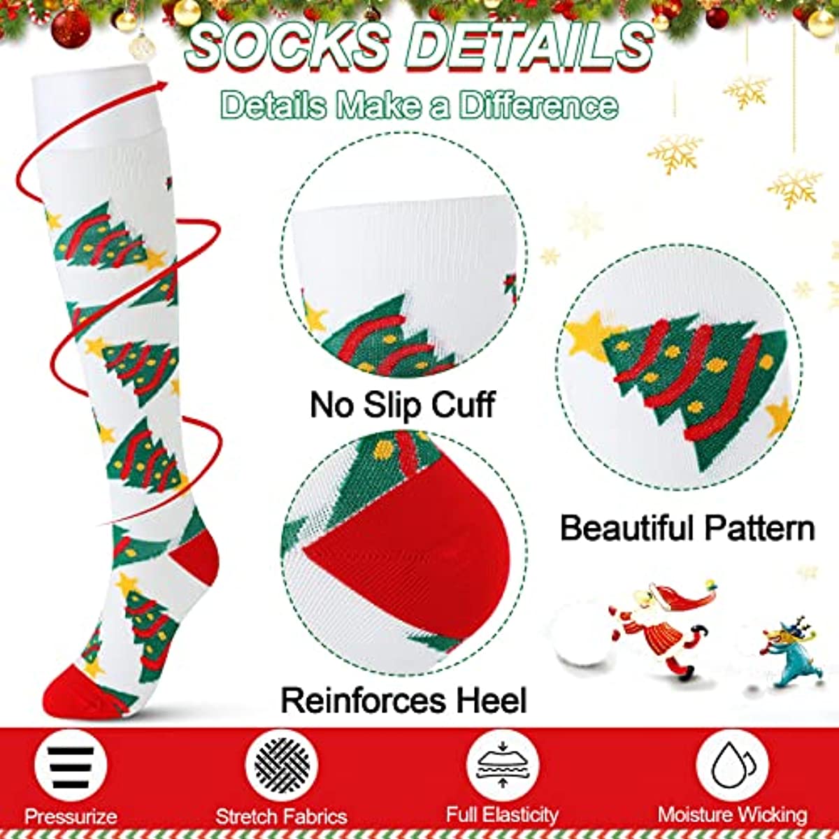 6 Pairs Christmas Socks Colorful Patterned Winter Compression Socks N ...